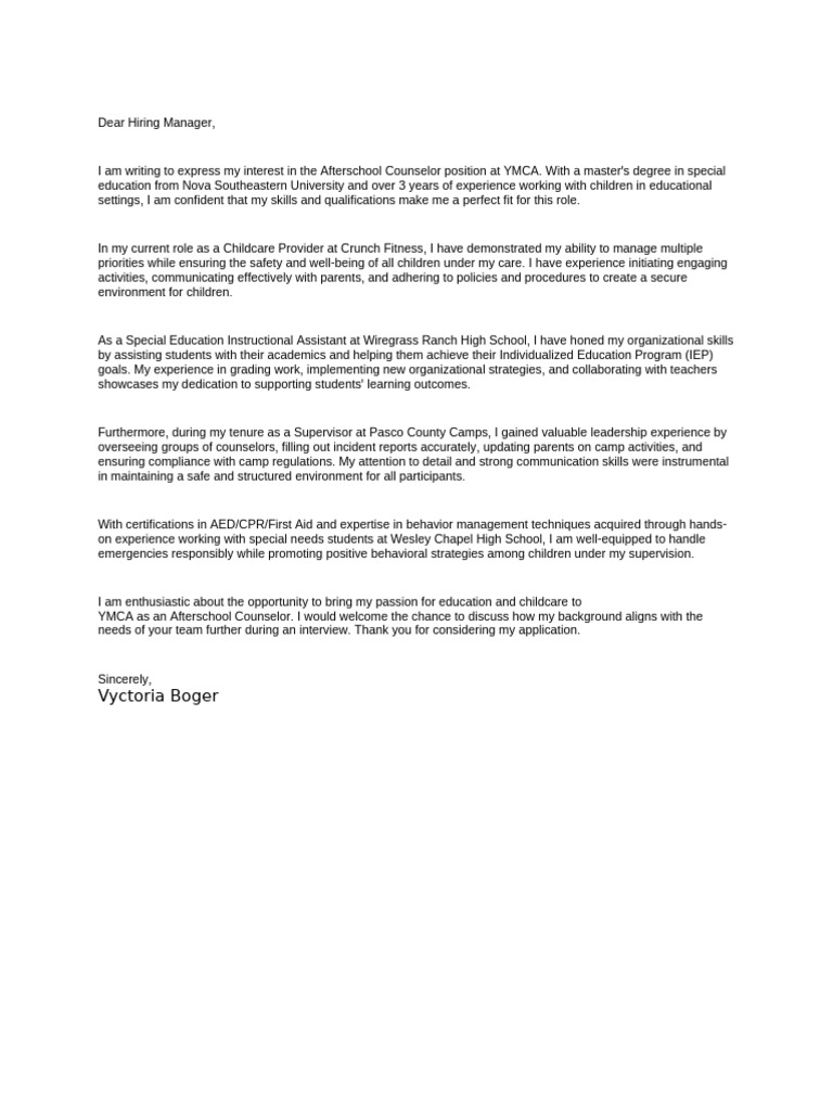 Cover Letter YMCA | PDF