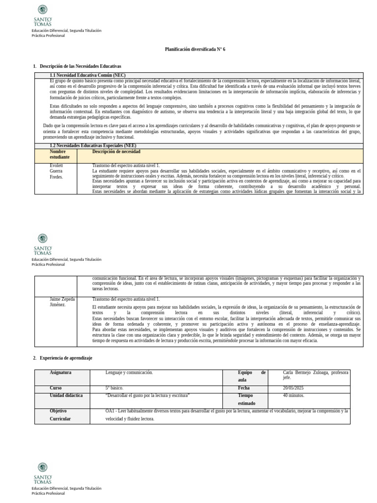 Planificación experiencia de aprendizaje 6 | PDF | Comprensión lectora | Aprendizaje