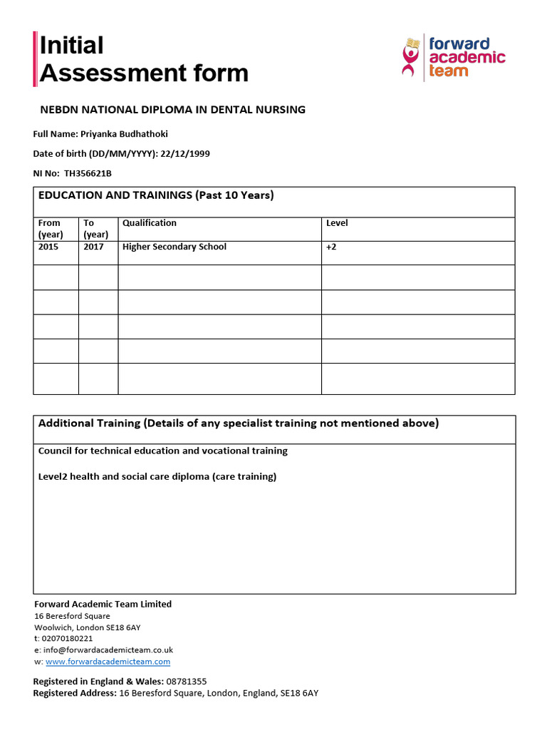 Initial Assessment for Dental Nursing | PDF | Health Care | Social Programs