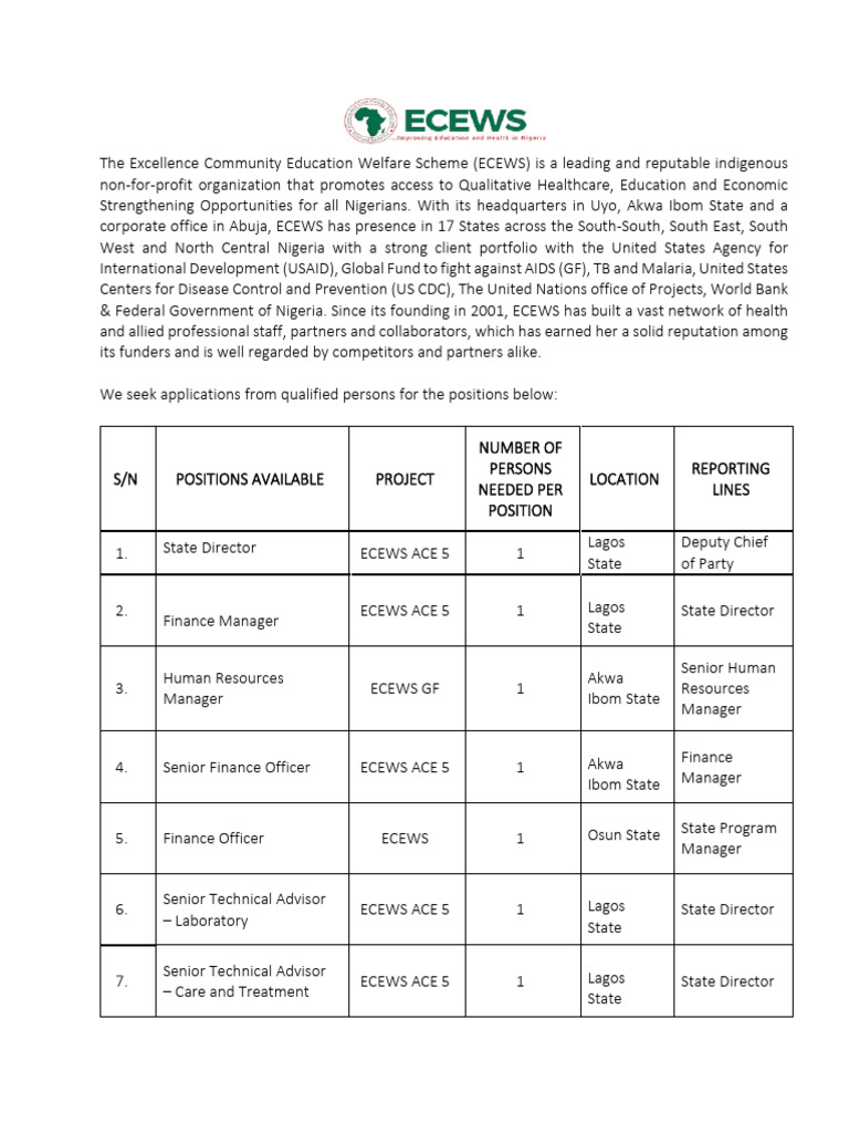 ECEWS ACE 5 Lagos Advert May 2025 | PDF | Human Resource Management ...