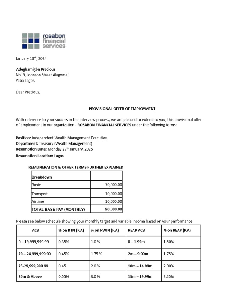 Provisional Offer Letter - Adegbamigbe Precious | PDF | Employment ...