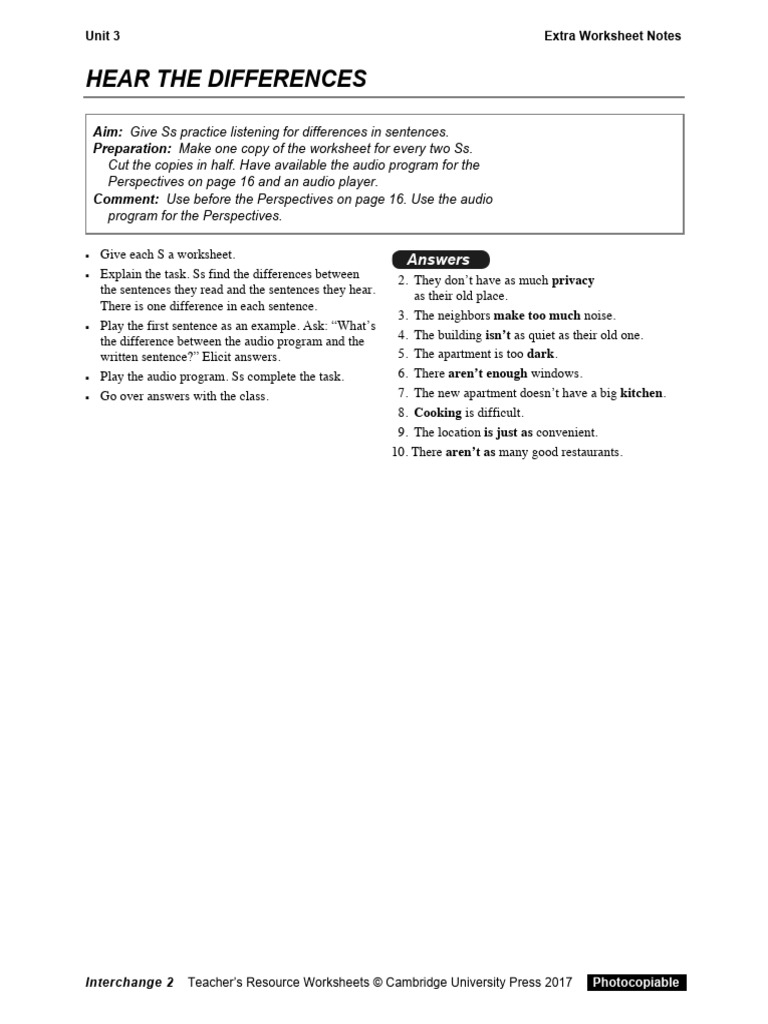 Interchange5thEd Level2 Unit03 Extra Worksheet | PDF