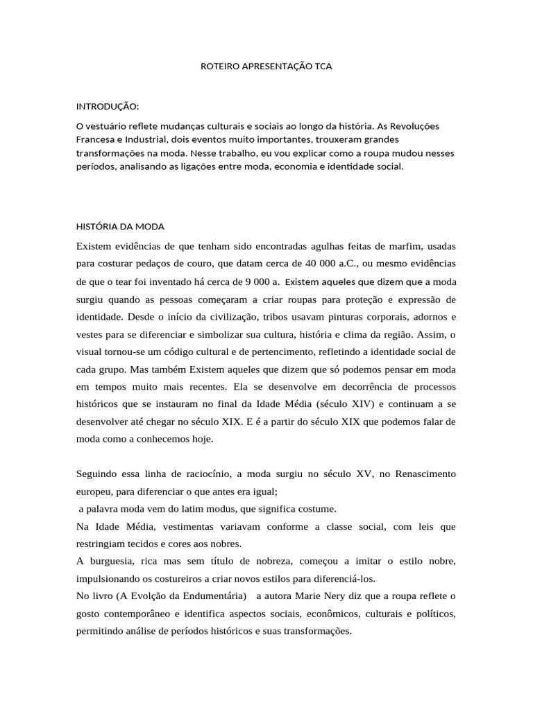 Roteiro Apresentaã - Ã - o Tca | PDF | Roupas | Moda