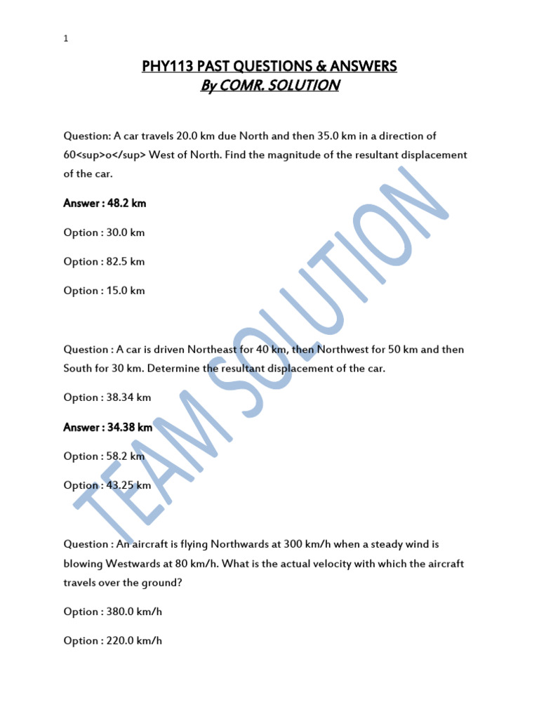 PHY113 PAST QUESTIONS by COMR. SOLUTION | PDF | Momentum | Force