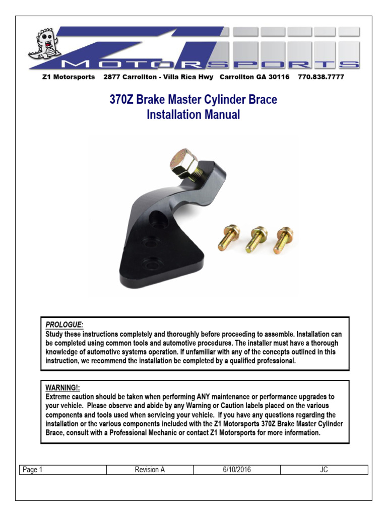 Z1370 ZBrake Master Cylinder Brace | PDF | Manufactured Goods