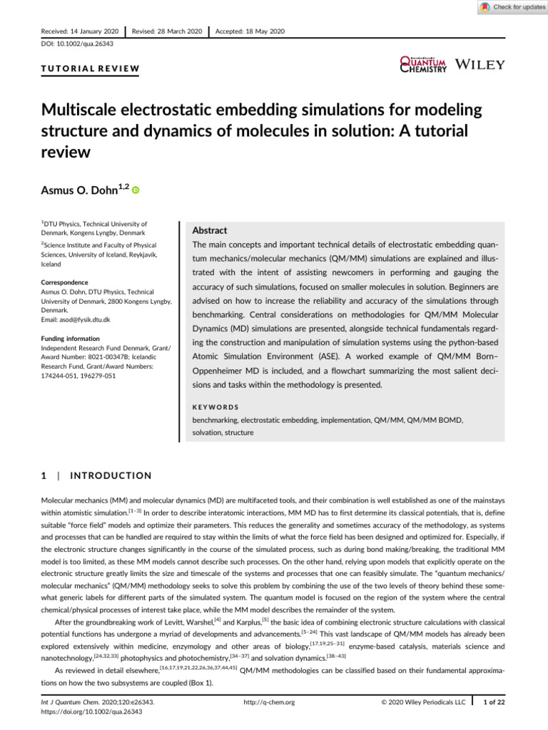 Int J of Quantum Chemistry - 2020 - Dohn - Multiscale Electrostatic Embedding Simulations For ...