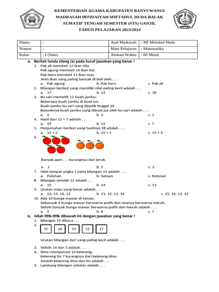SOAL STS KELAS 1 MATEMATIKA | PDF