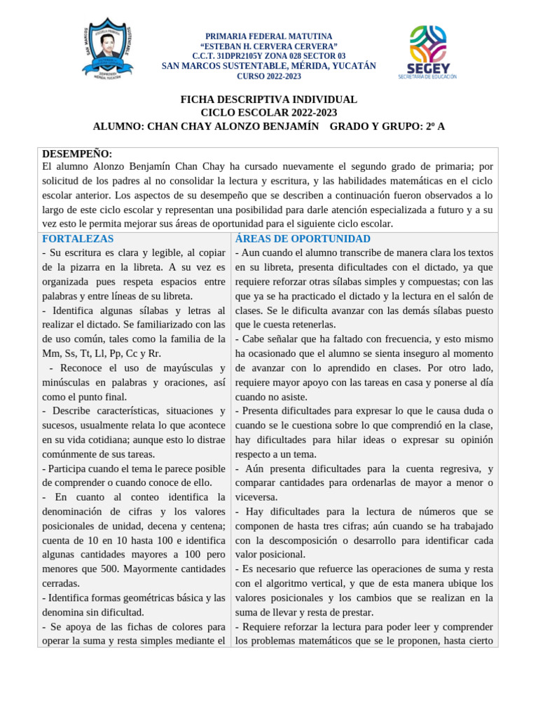 Desempeño Escolar de Alonzo Benjamín | PDF