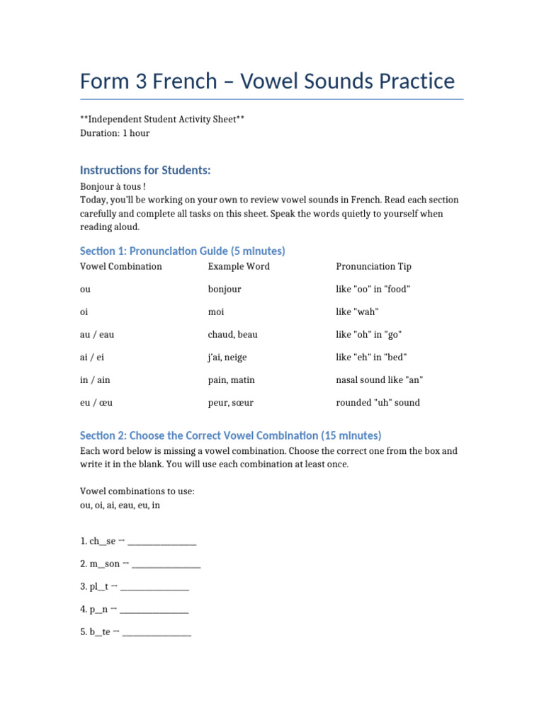 French Vowel Sounds Practice Sheet | PDF