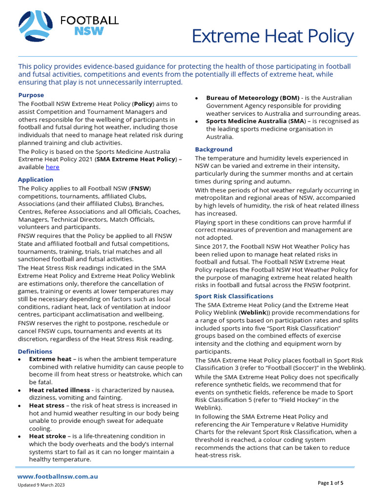 Football NSW Extreme Heat Policy | PDF | Hyperthermia | Heat Wave