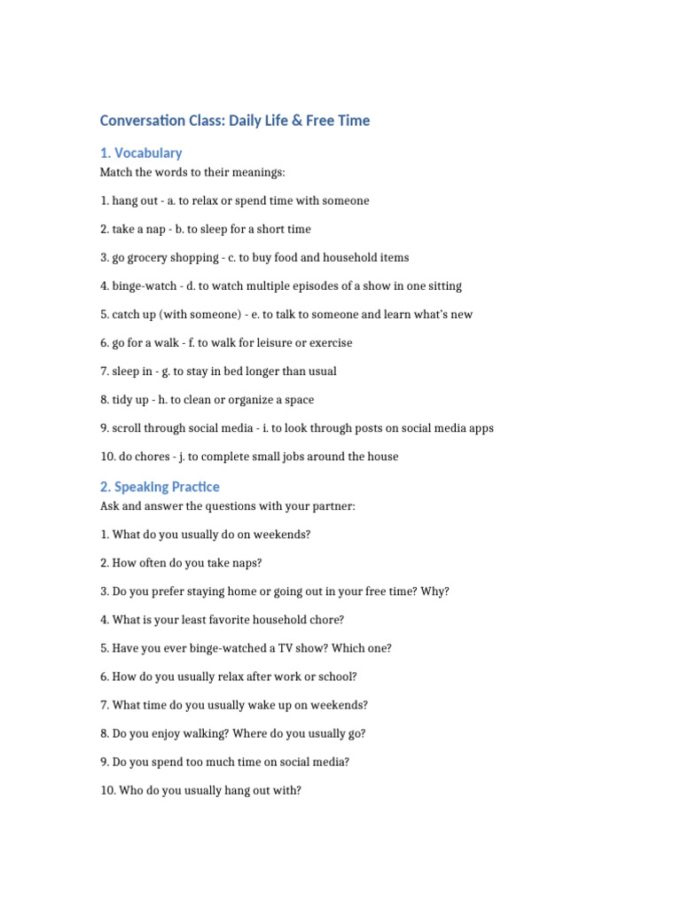 Conversation Class Daily Life Free Time With Conversations | PDF