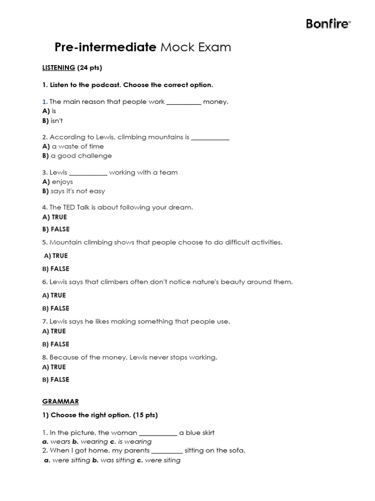 Mock Exam. Pre-Intermediate | PDF