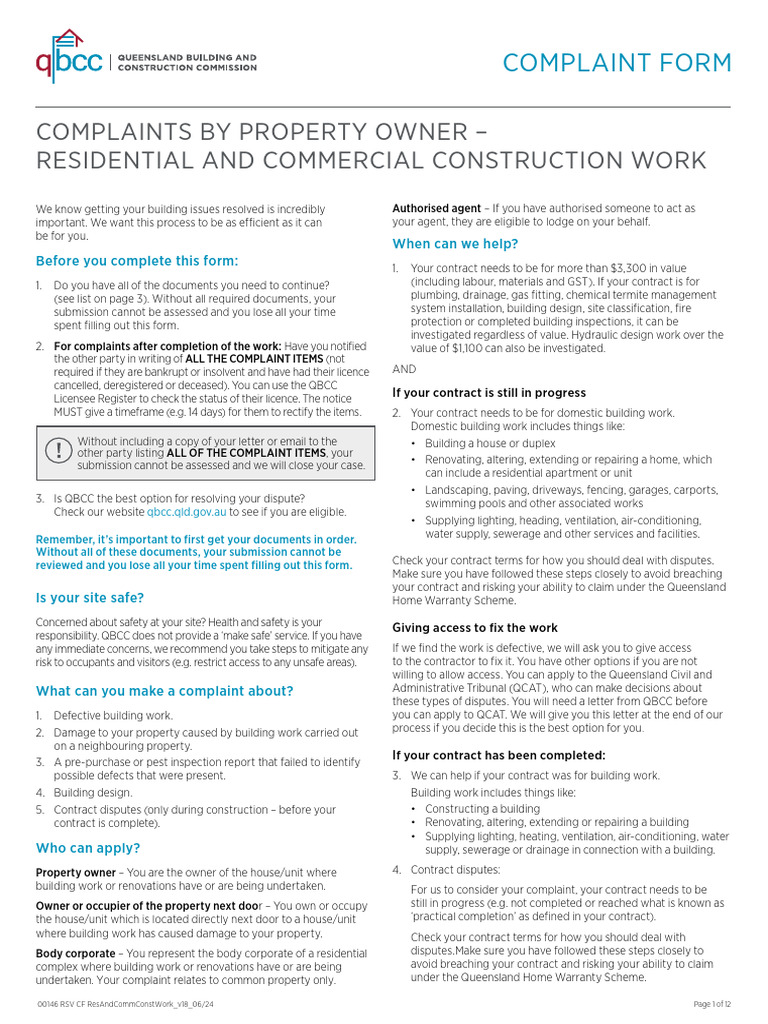 Form Residential Construction Work Complaint | PDF | Room | Bathroom