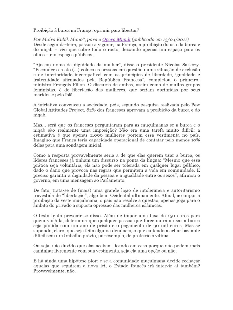 Artigo Proibicao Uso Da Burca | PDF