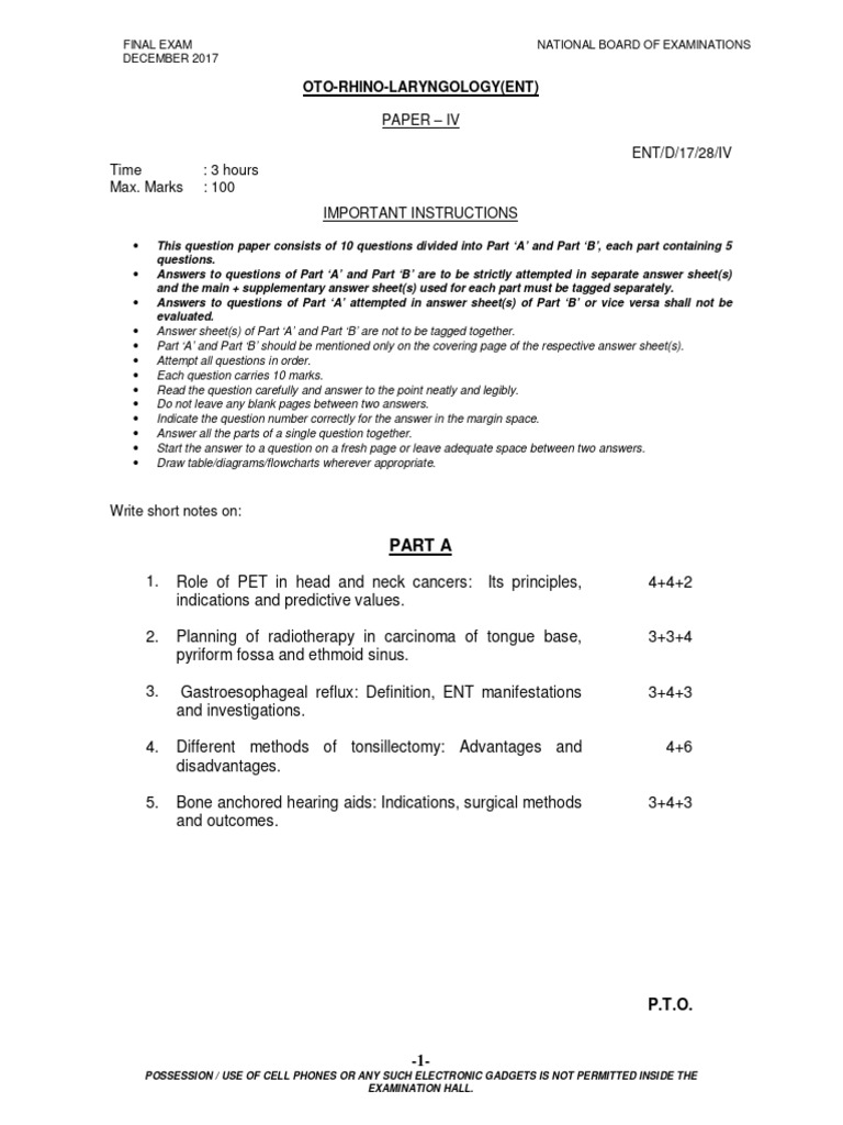 December 2017 ENT Exam Paper IV | PDF | Diseases And Disorders | Neoplasms