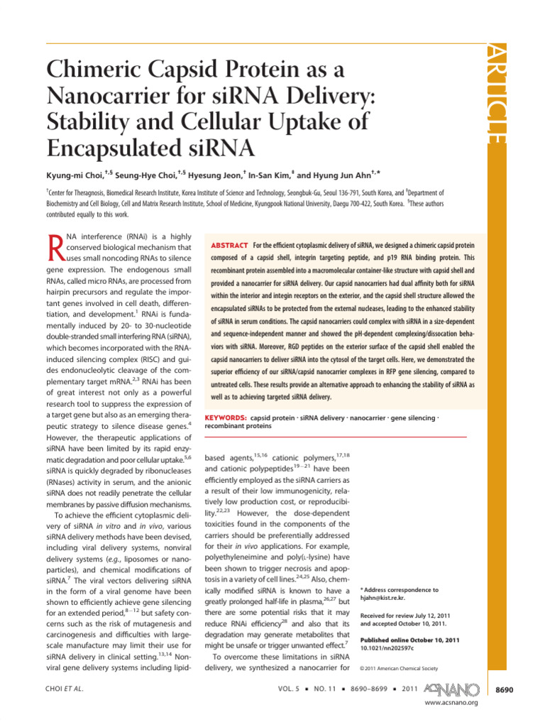 1choi Et Al 2011 Chimeric Capsid Protein As A Nanocarrier For Sirna ...