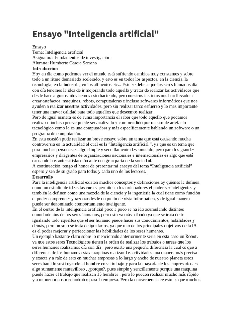 Ensayo Inteligencia Artificial | PDF | Inteligencia artificial | Inteligencia (IA) y semántica