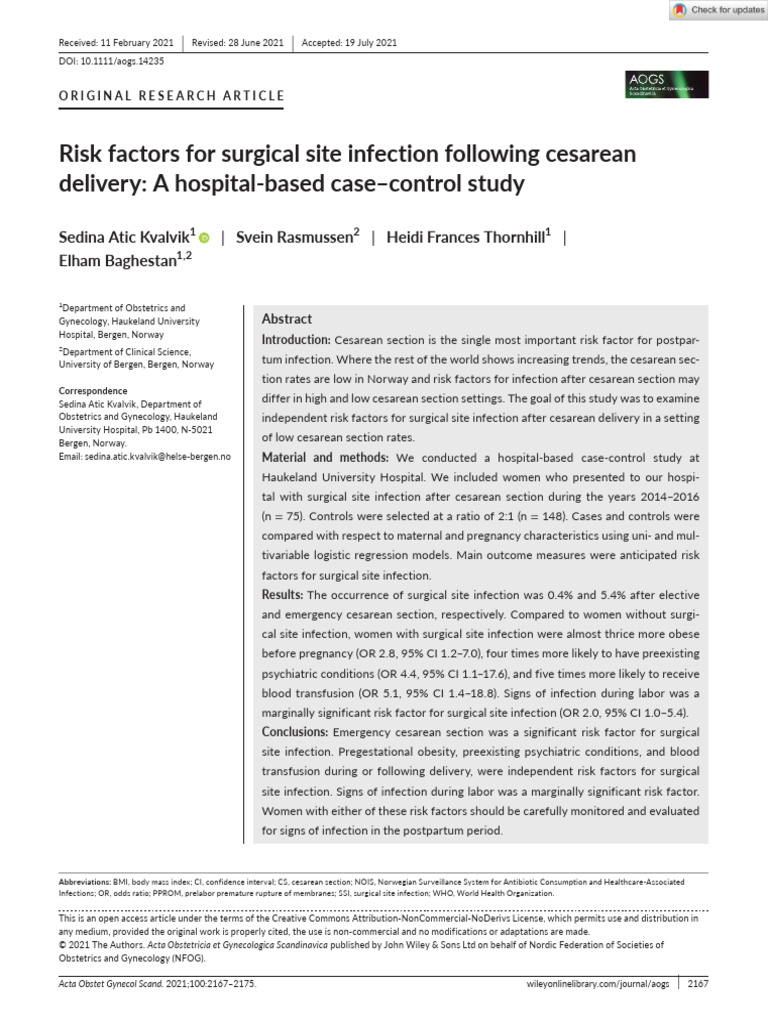 Risk Factors For Surgical Site Infection Following Cesarean Delivery ...