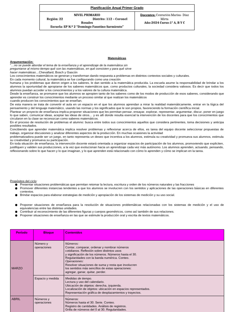 Planificación Matemática Primer Grado 2024 | PDF | Enseñando | Aprendizaje