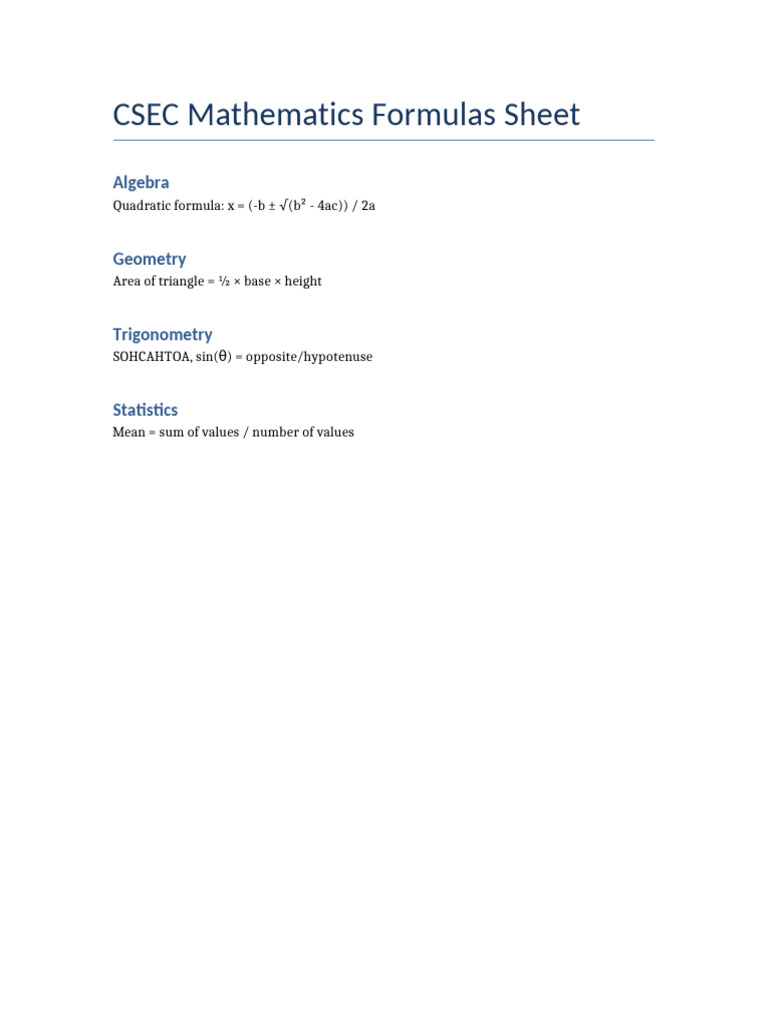 CSEC Mathematics Formulas Sheet | PDF