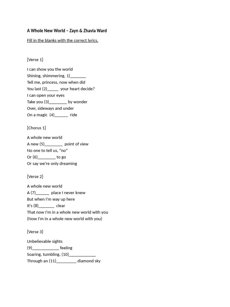 A Whole New World Lyrics F3 Unit 1 | PDF