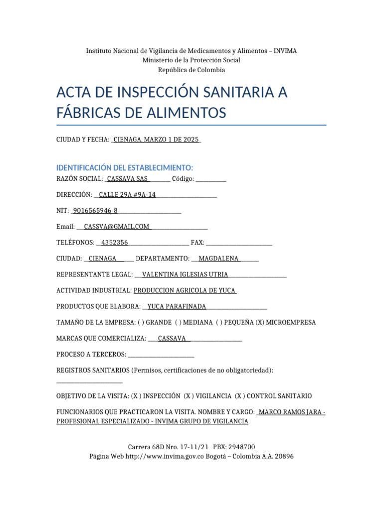 Acta Inspeccion Sanitaria INVIMA Editable | PDF