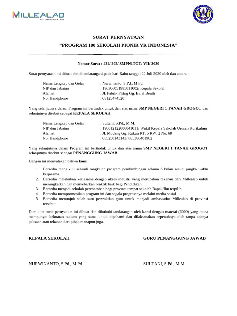 Surat Pernyataan Program 100 Sekolah VR | PDF