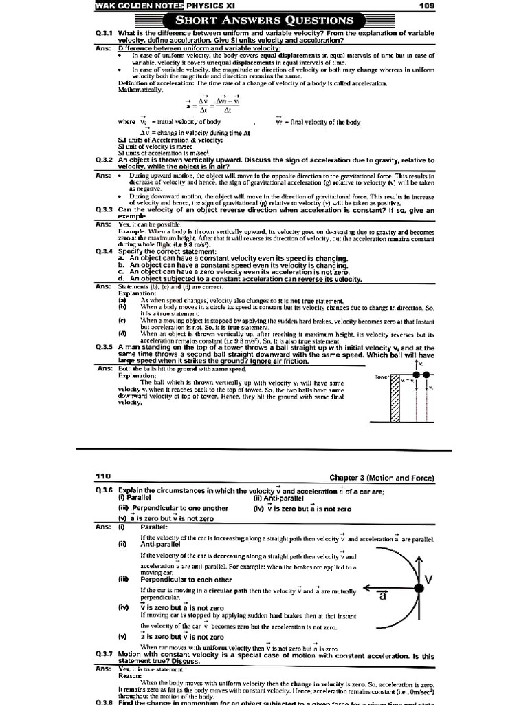 Chap 3 Force and Motion SQ + Numericals | PDF