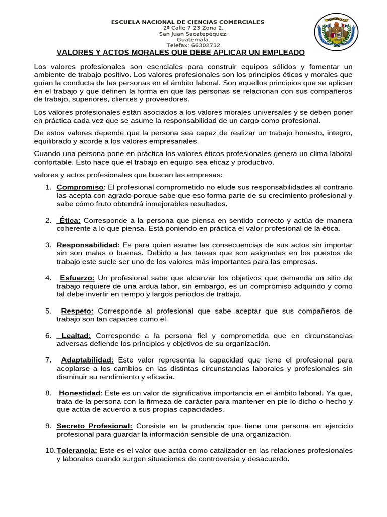Valores y Actos Morales Que Debe Tener Un Empledo | PDF | Empatía