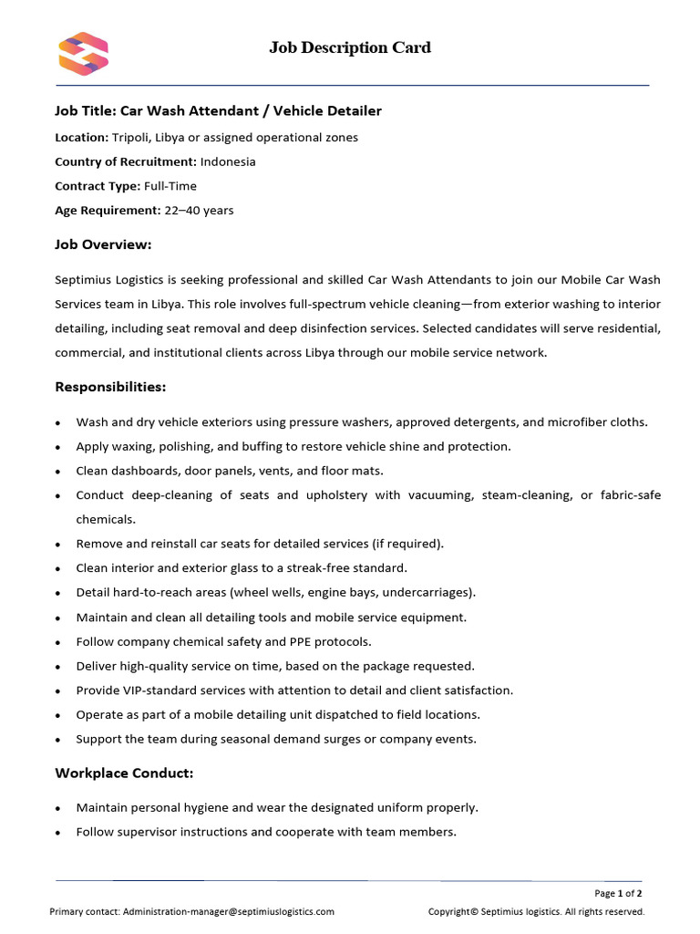 Car Wash Attendant Job Description | PDF
