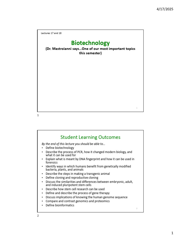 Biol 100 Lecture 17 Biotechnology (2 Slides) | PDF | Gene | Cloning