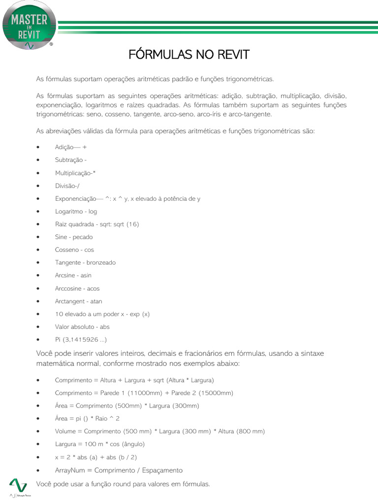 Fórmulas Do Revit | PDF | Pi | Raiz quadrada