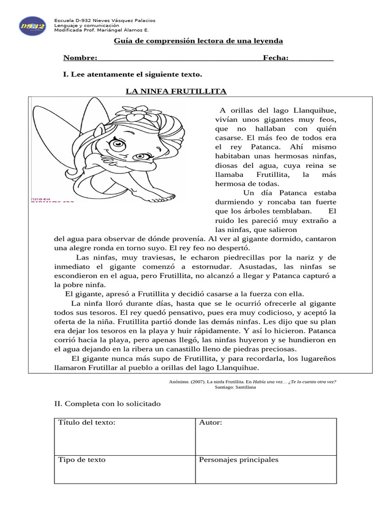 Guía de Comprensión Lectora de Una Leyenda | PDF