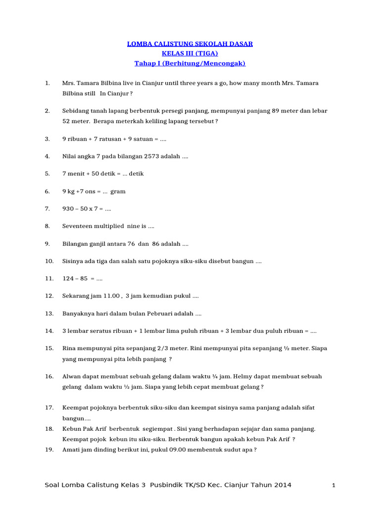 Soal Calistung Kelas 3 Tahap 1 | PDF