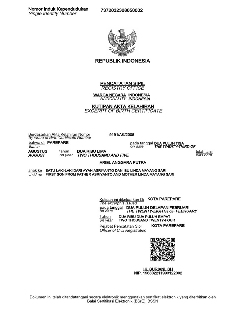 Akta Kelahiran Ariel Anggara Putra | PDF
