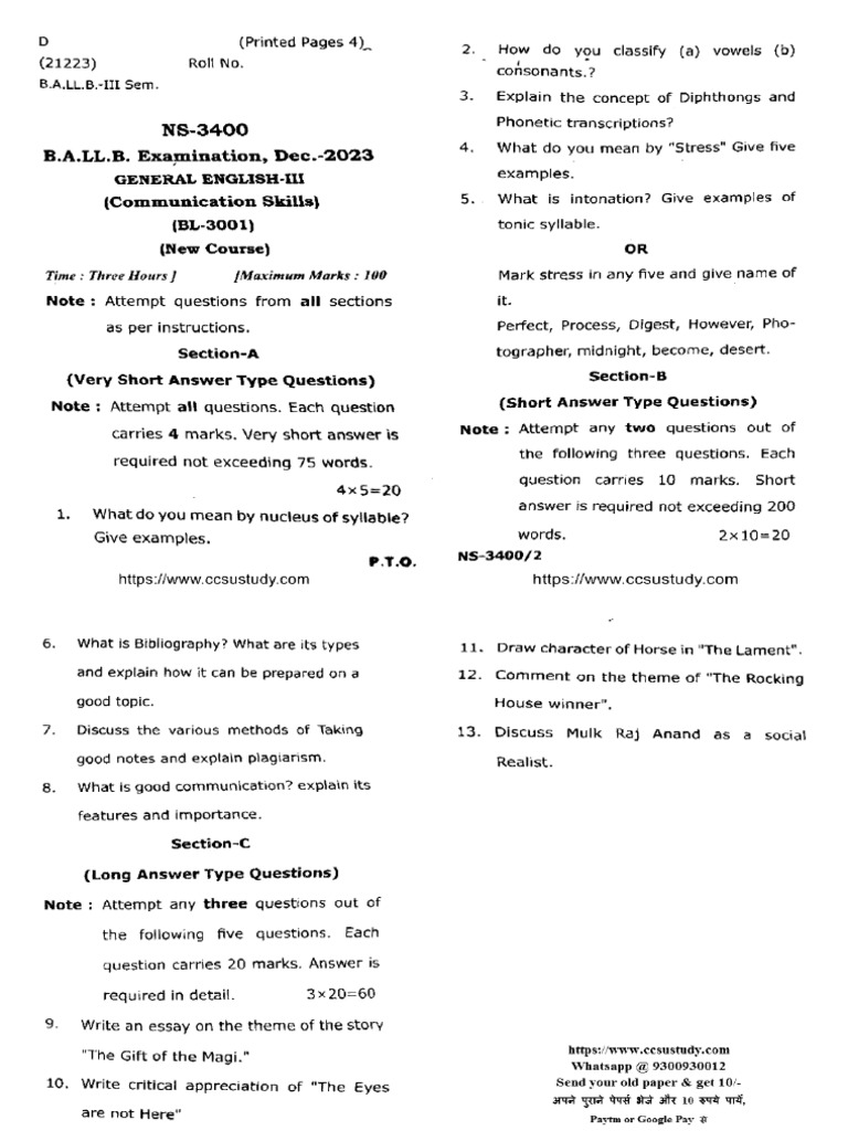Ballb 3 Sem General English 3 Communication Skills Ns 3400 Dec 2023 | PDF