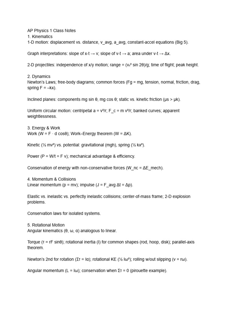 AP Physics 1 Comprehensive Class Notes | PDF