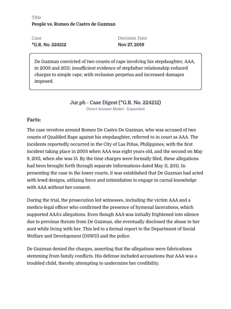 Case Digest - G.R. No. 224212 - People vs. Romeo de Castro de Guzman ...