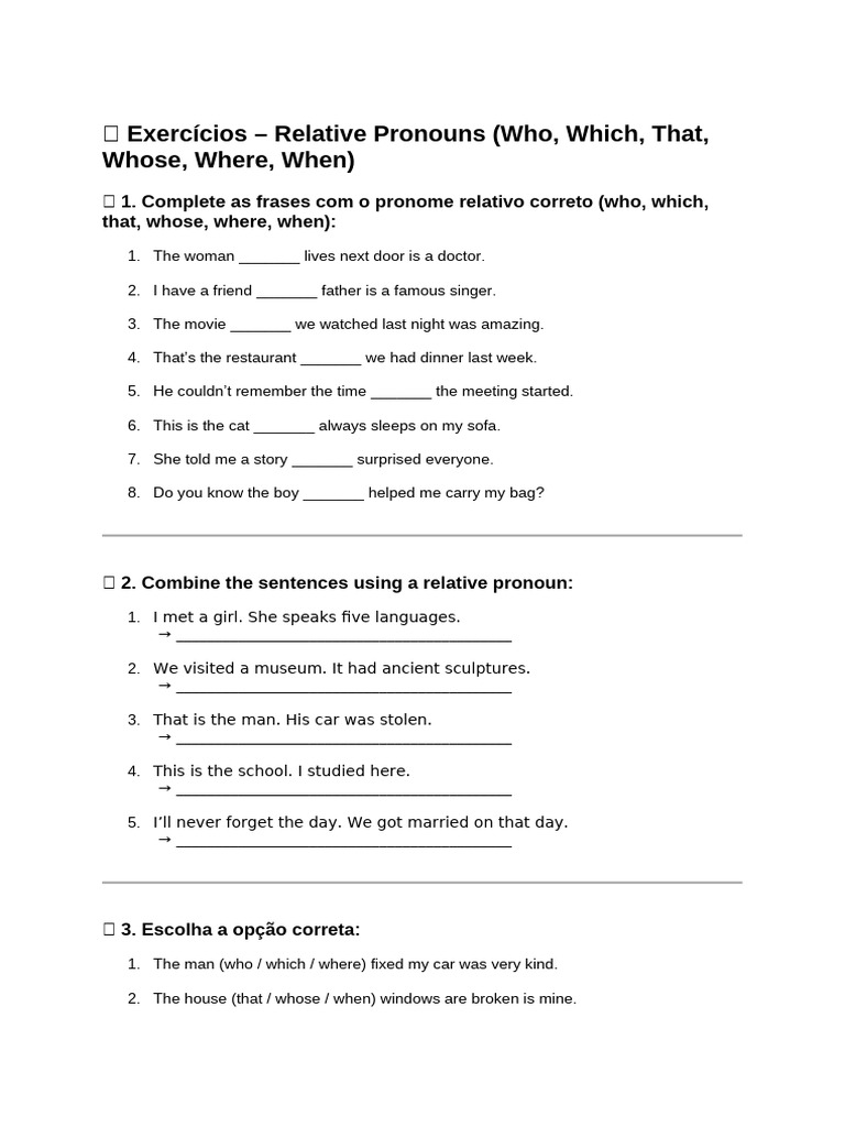 Exercícios sobre Pronomes Relativos | PDF | Grammatical Number | Syntax