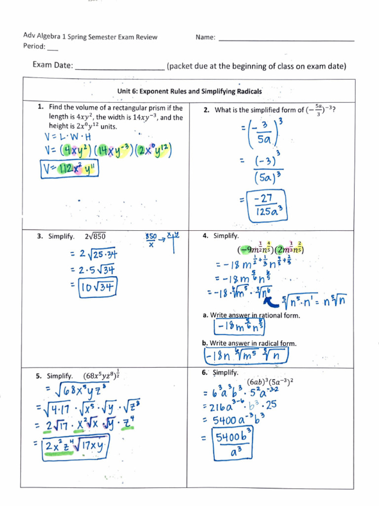 Spring 2008 Exam Review Key For Algebra II | PDF