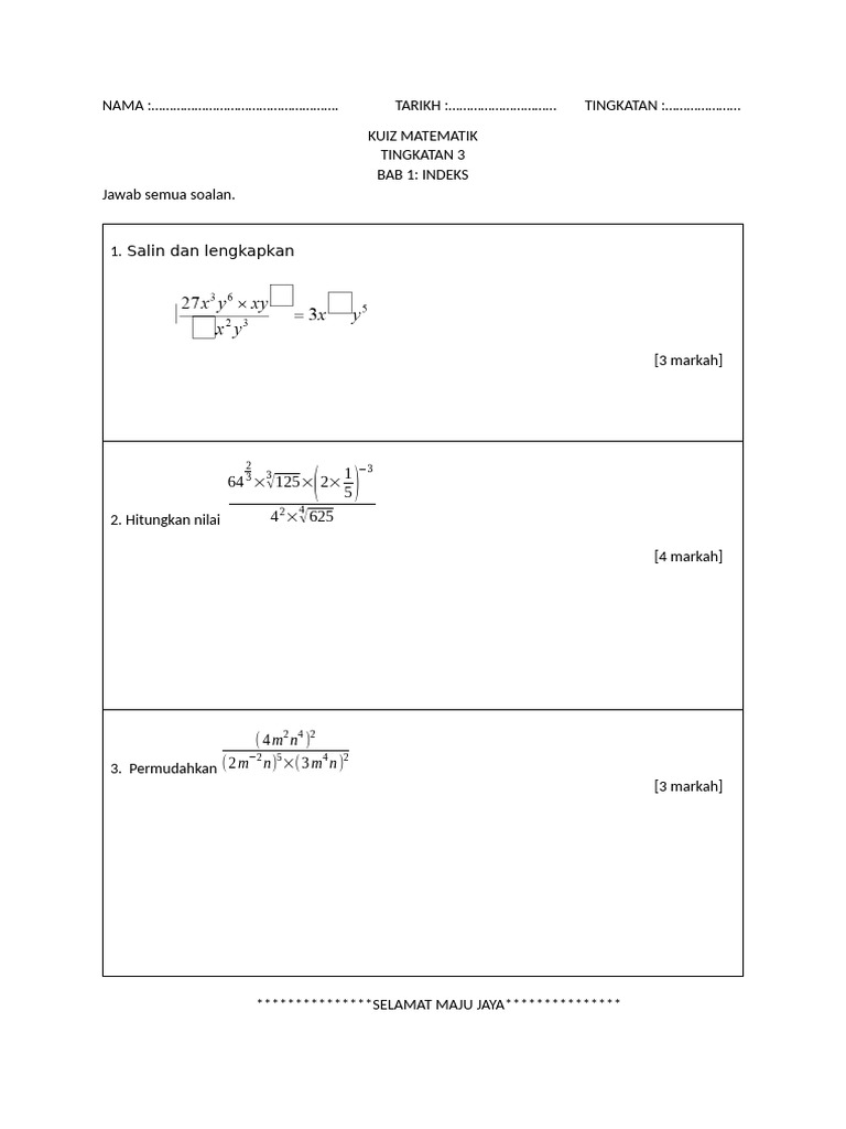 f3 Kuiz Bab 1 Indeks | PDF