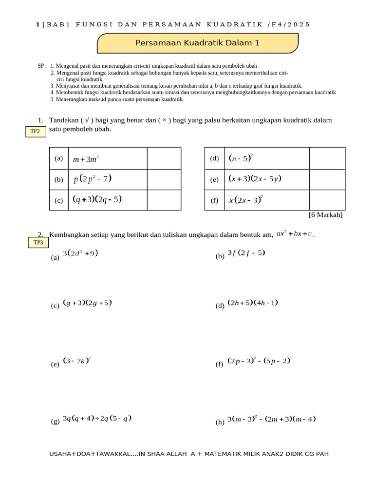 f4 Bab 1 - Fungsi Dan Persamaan Kuadratik Dalam 1 Pemboleh Ubah | PDF