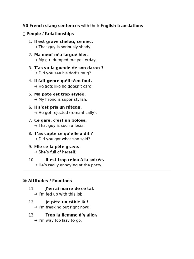 50 Phrases d'argot français traduites | PDF