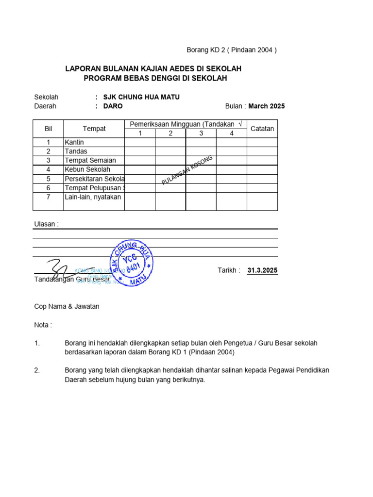 Laporan Aedes SJK Chung Hua Matu (April 2025) | PDF
