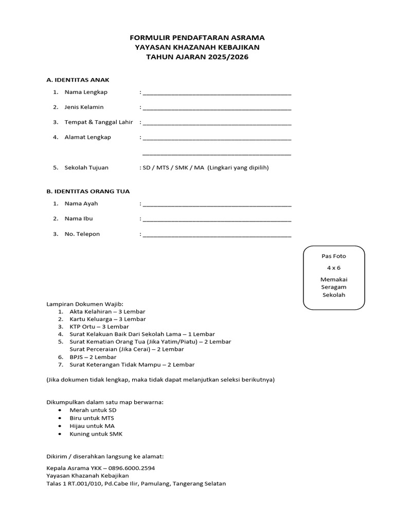 Formulir Pendaftaran Asrama | PDF