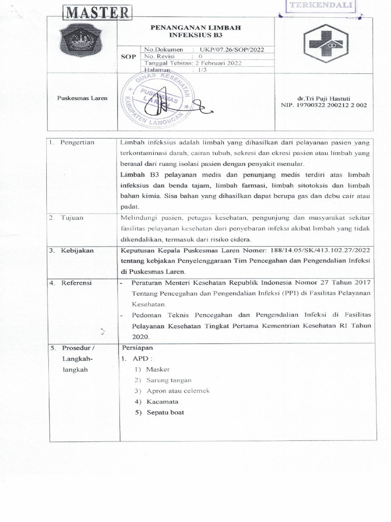 SOP PENANGANAN LIMBAH INFEKSIUS B3 | PDF