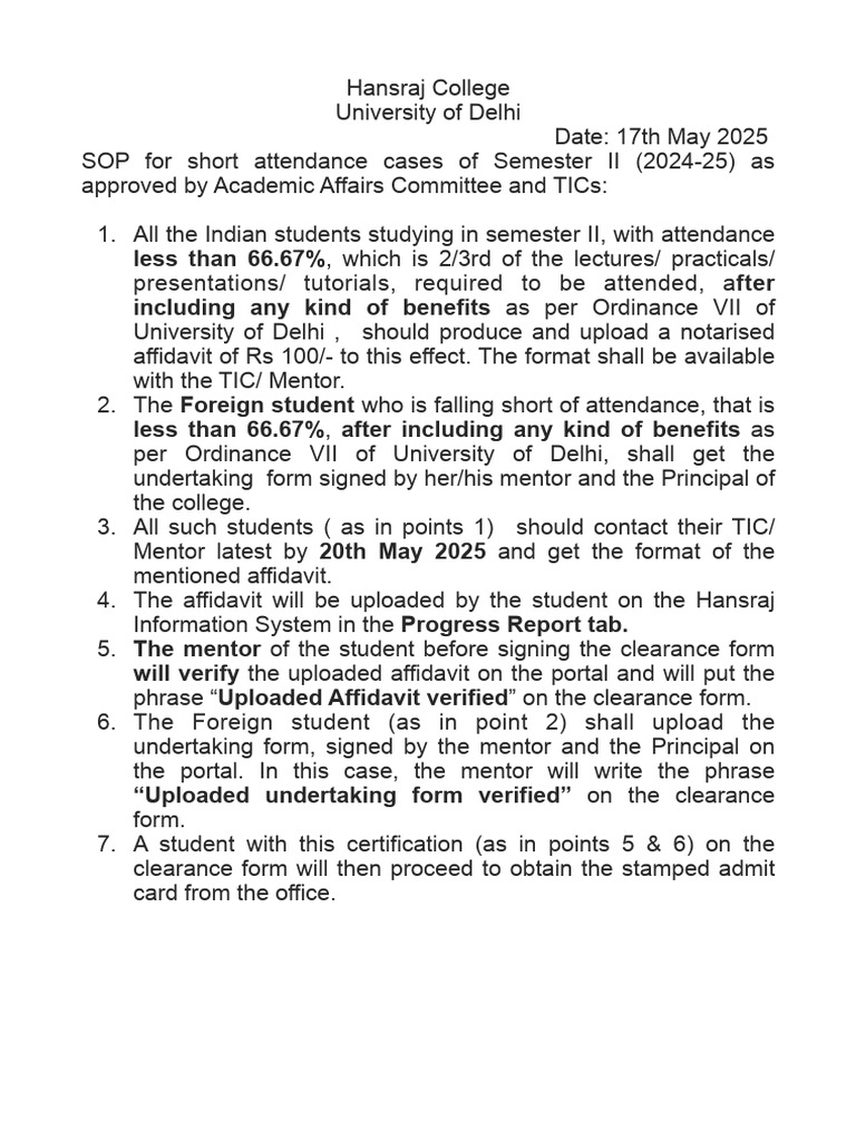 SOP for Attendance Shortfall at Hansraj College | PDF