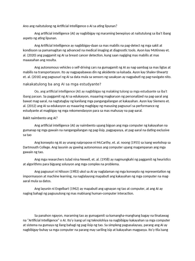 Ano Ang Naitutulong NG Artificial Intelligence o AI Sa Ating Lipunan | PDF