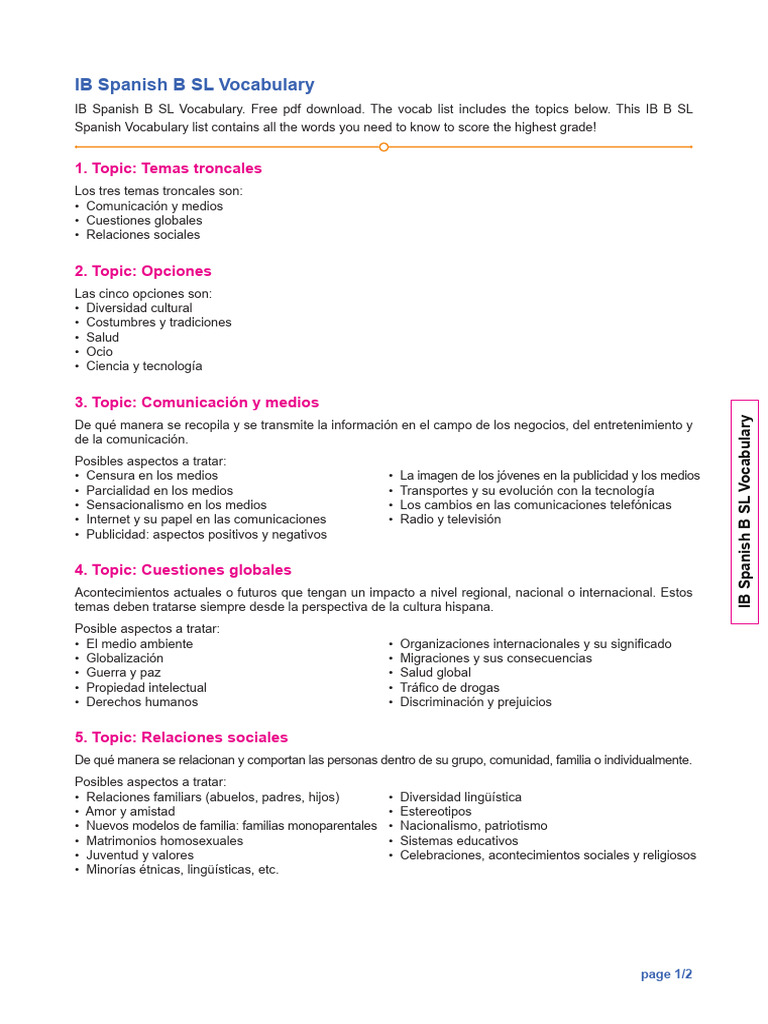 IB Spanish B SL Vocabulary | PDF | Educación en artes liberales