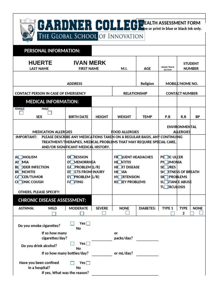 HEALTH ASSESSMENT FORM ivankalbo word d. | PDF | Allergy | Asthma